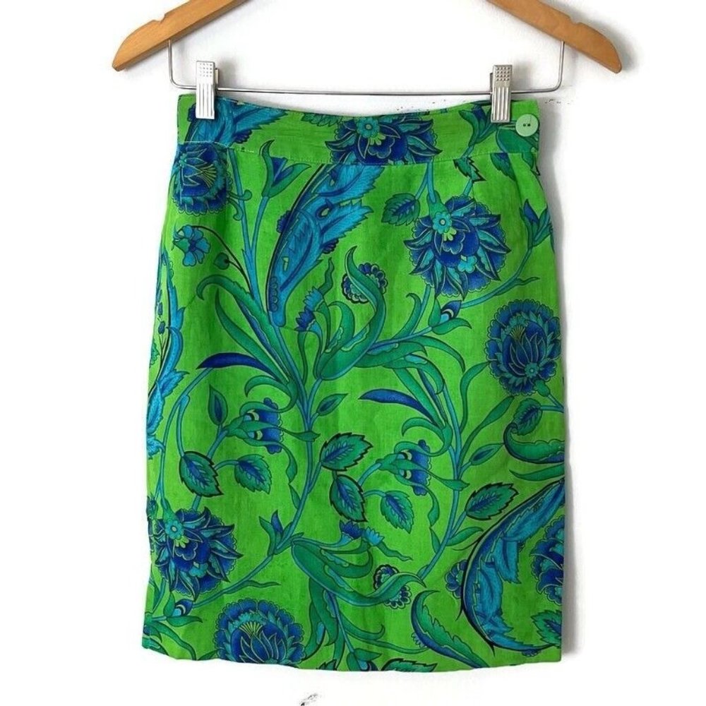 Genny Green Blue Floral Linen Pencil Straight Skirt M… - Gem
